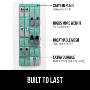 Gorilla Grip Slip Resistant Breathable Space Saving Mesh Large 24 Pocket Shoe Organizer, Up to 40 Pounds, Over the Door, Sturdy Closet Storage Rack Hangs on Closets for Shoes, Sneakers, Turquoise