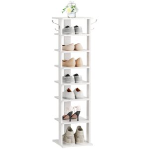 HOOBRO Vertical Shoe Rack, 8 Tier Wooden Shoe Storage Organizer with Hooks, Narrow Shoe Tower for 8 Pairs, Space Saving, for Entryway, Living Room, Bedroom, White WT07XJ01G1