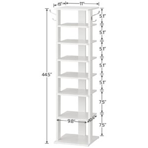 HOOBRO Vertical Shoe Rack, 8 Tier Wooden Shoe Storage Organizer with Hooks, Narrow Shoe Tower for 8 Pairs, Space Saving, for Entryway, Living Room, Bedroom, White WT07XJ01G1