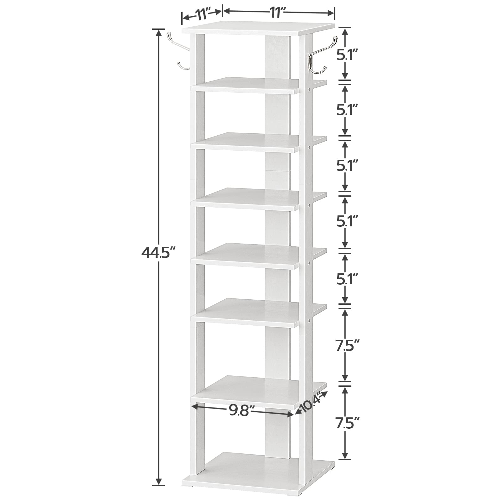 HOOBRO Vertical Shoe Rack, 8 Tier Wooden Shoe Storage Organizer with Hooks, Narrow Shoe Tower for 8 Pairs, Space Saving, for Entryway, Living Room, Bedroom, White WT07XJ01G1