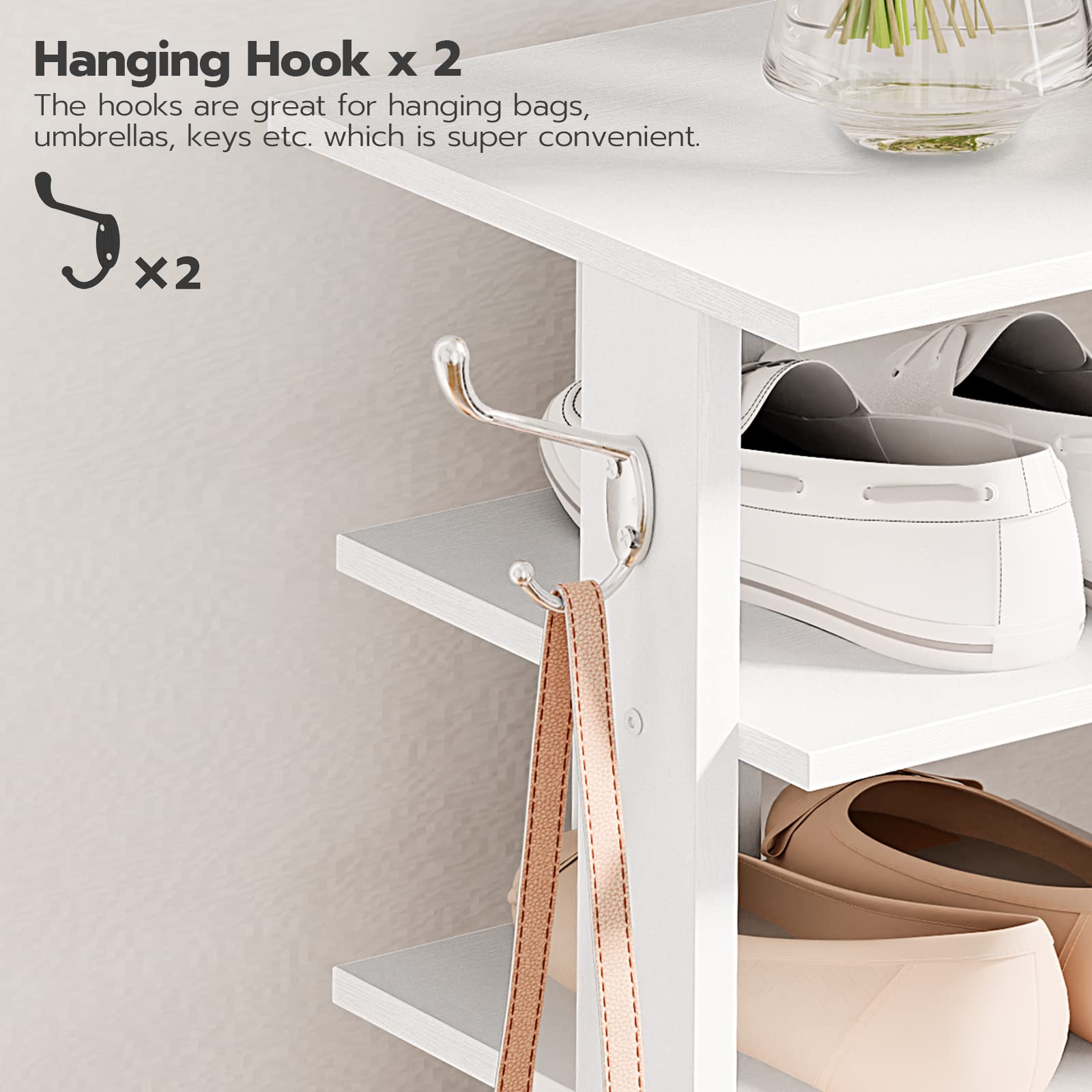 HOOBRO Vertical Shoe Rack, 8 Tier Wooden Shoe Storage Organizer with Hooks, Narrow Shoe Tower for 8 Pairs, Space Saving, for Entryway, Living Room, Bedroom, White WT07XJ01G1