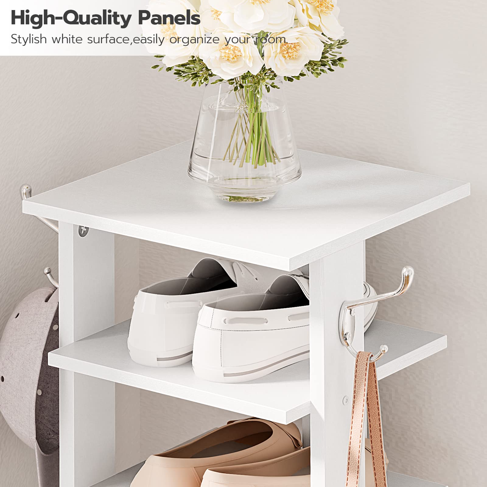 HOOBRO Vertical Shoe Rack, 8 Tier Wooden Shoe Storage Organizer with Hooks, Narrow Shoe Tower for 8 Pairs, Space Saving, for Entryway, Living Room, Bedroom, White WT07XJ01G1