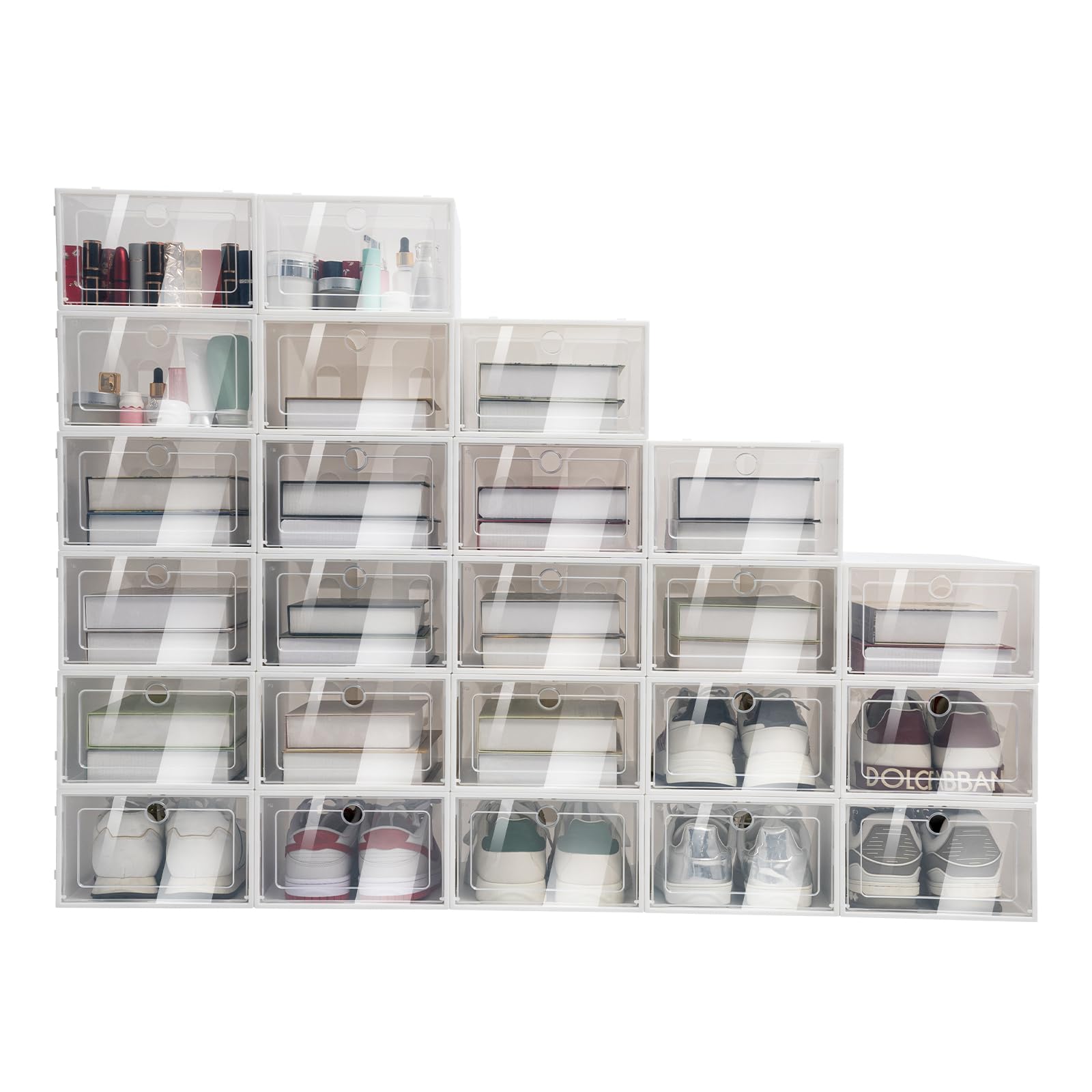 LUGBING 24 Pack Shoe Storage Boxs, Foldable Clear Plastic Shoe Organizer for Closet, Space Saving Stackable Shoe Rack for Entryway, Drop Front, Under Bed