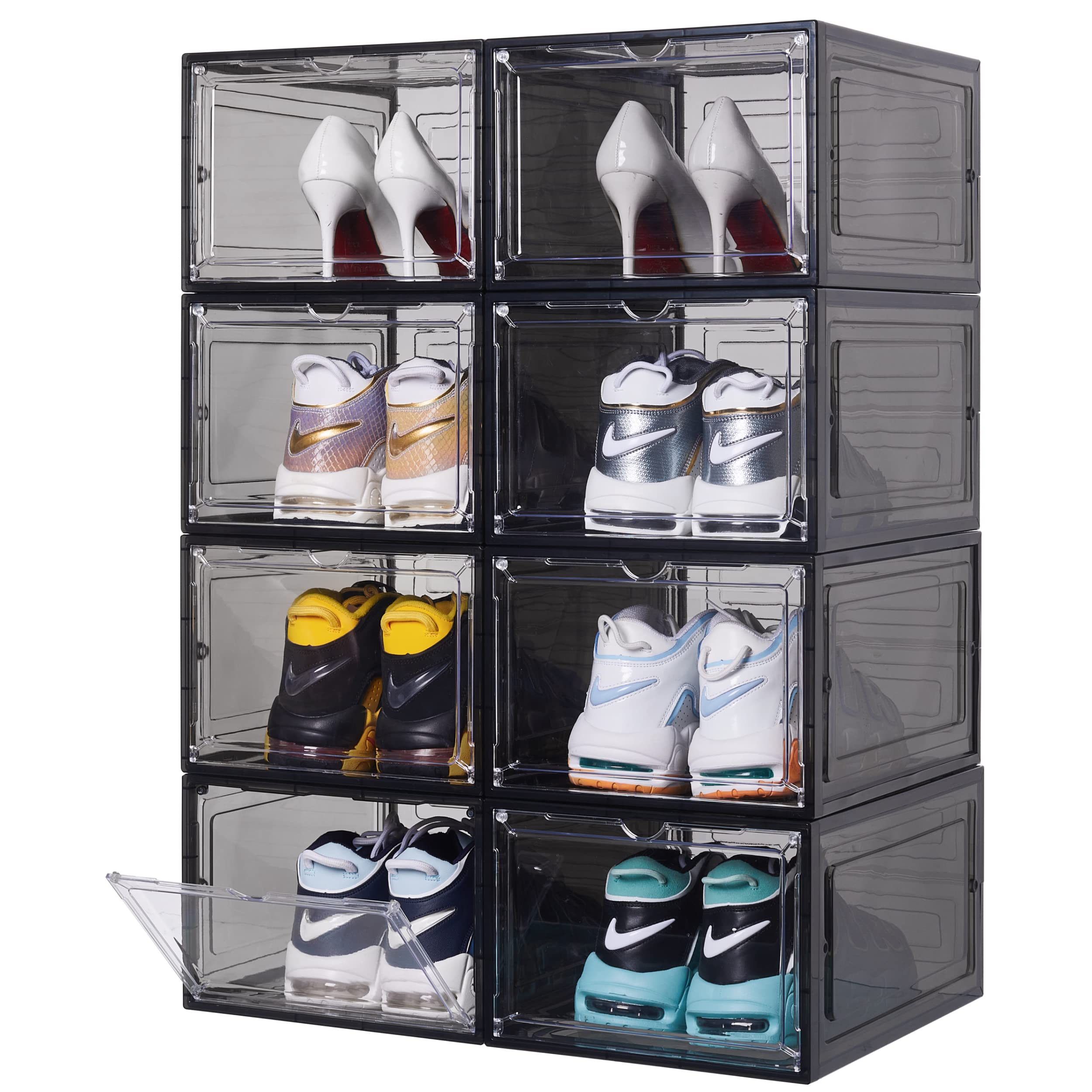 ZLLZUU Upgrade 8 Pack X-Large Shoe Storage Boxes with Clear Magnetic Doors Stackable Shoe Organizer with Solid Plastic Drop Front Shoe box for Sneaker Display, Fit up to US Size 12 (Black)