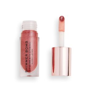 revolution shimmer bomb lip gloss, lip tint infused with vitamin e, shimmery finish, comes in 6 colors, distortion