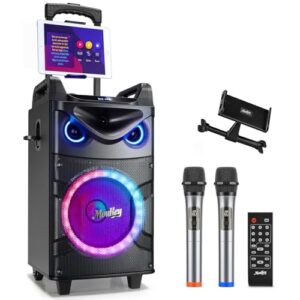 moukey karaoke machine, 10" woofer portable pa system, bluetooth speaker with 2 wireless microphones, lyrics display tablet holder, party lights & echo/treble/bass adjustment support rec/aux/usb/tf