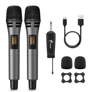 tonor wireless microphones, uhf dual karaoke microphone system, microfonos inalambricos with rechargeable receiver, cordless dynamic mic micro set for singing, wedding, dj, party, speech tw320 grey