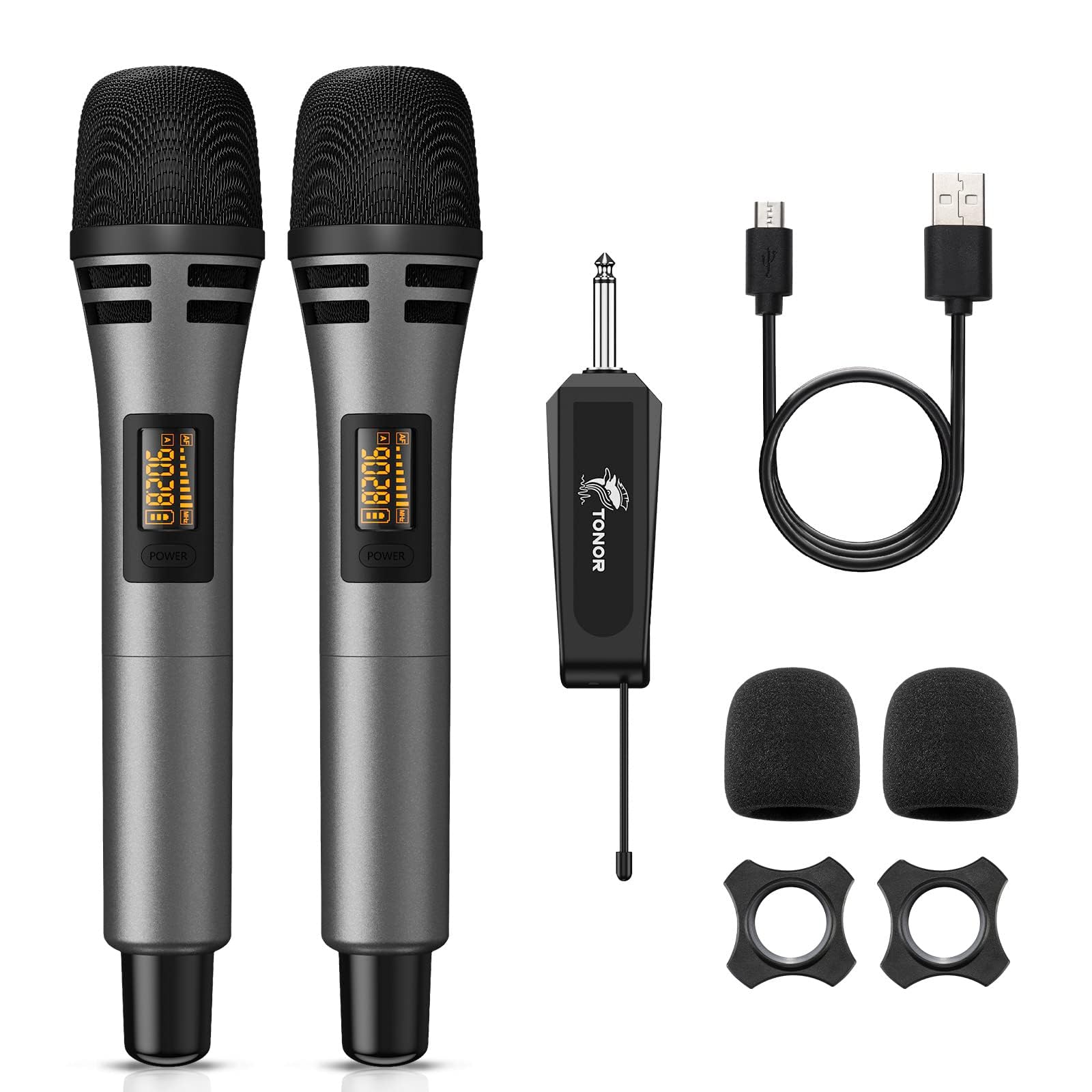 TONOR Wireless Microphones, UHF Dual Karaoke Microphone System, Microfonos Inalambricos with Rechargeable Receiver, Cordless Dynamic Mic Micro Set for Singing, Wedding, DJ, Party, Speech TW320 Grey