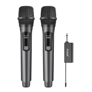 aveek wireless microphones, karaoke dynamic microphone for speakers with rechargeable receiver(work 6hs), for singing, party, wedding, dj, speech (2 packs)