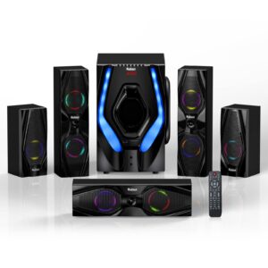 bobtot surround sound speakers 1200w peak power home theater system with rgb lights - 10" subwoofer 5.1/2.1 wired stereo system strong bass bluetooth input home audio system