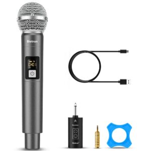 wireless microphone singing karaoke,plug&play dual cordless dynamic handheld wireless mic with rechargeable receiver for 1/4'',1/8'' output, microphone for adult, kids,wedding,party,church,uhf 98ft