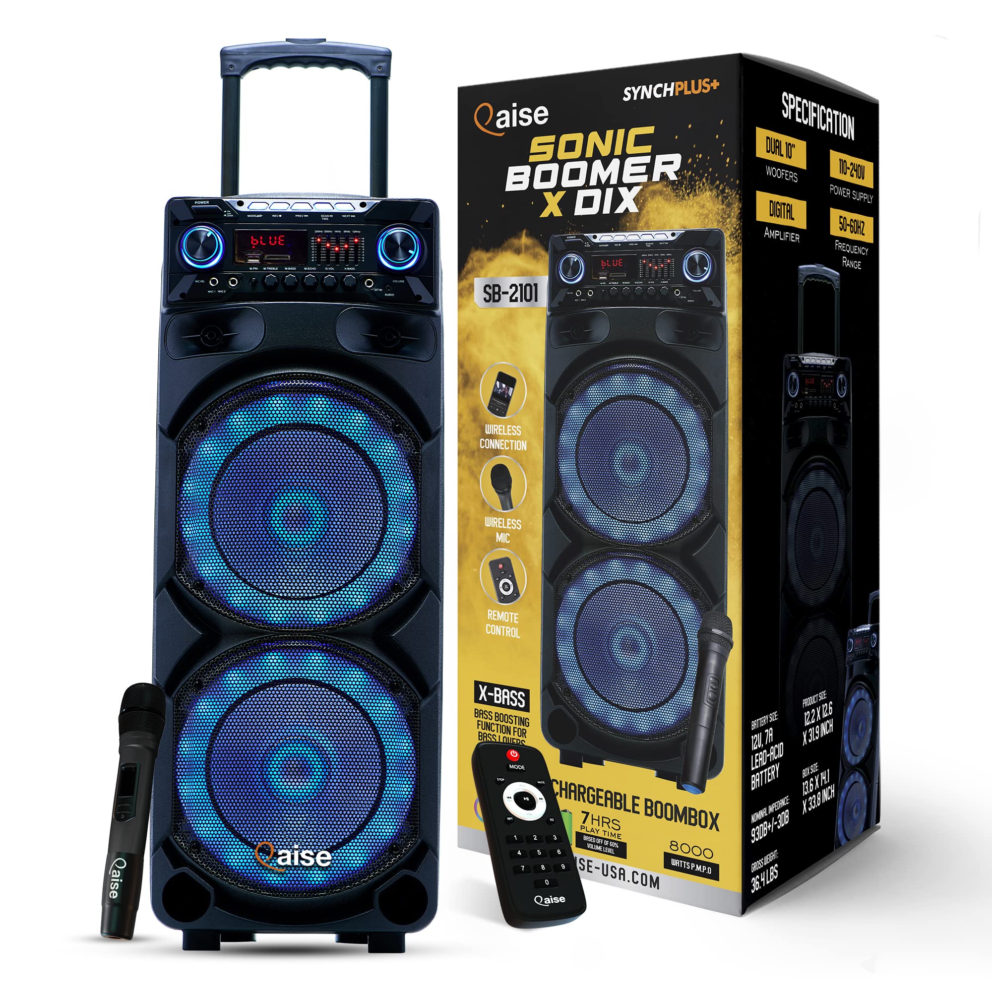 QAISE Portable PA System with Wireless Mic - Bluetooth Party Boombox Speaker & Karaoke Machine with Lights, Dual 10” Subwoofer, X-Bass & 8000 Watts Peak Power - SonicBoomer X-Dix