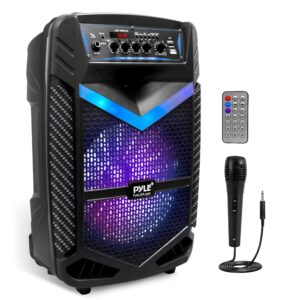 pyle portable bluetooth pa speaker system - 600w rechargeable outdoor bluetooth speaker portable pa system w/ 10” subwoofer 1” tweeter, recording function, mic in party lights usb/sd radio