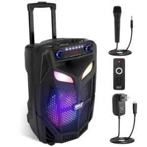 pyle portable bluetooth pa speaker system-800w 12” indoor/outdoor bluetooth speaker portable pa system-party lights, usb sd card reader,fm radio, rolling wheels-wireless microphone,remote- pphp121wmb