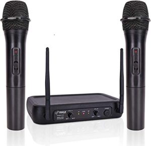 pyle channel microphone system-vhf fixed dual frequency wireless set with 2 handheld dynamic transmitter mics, receiver base-for pa, karaoke, dj party (pdwm2135) , black