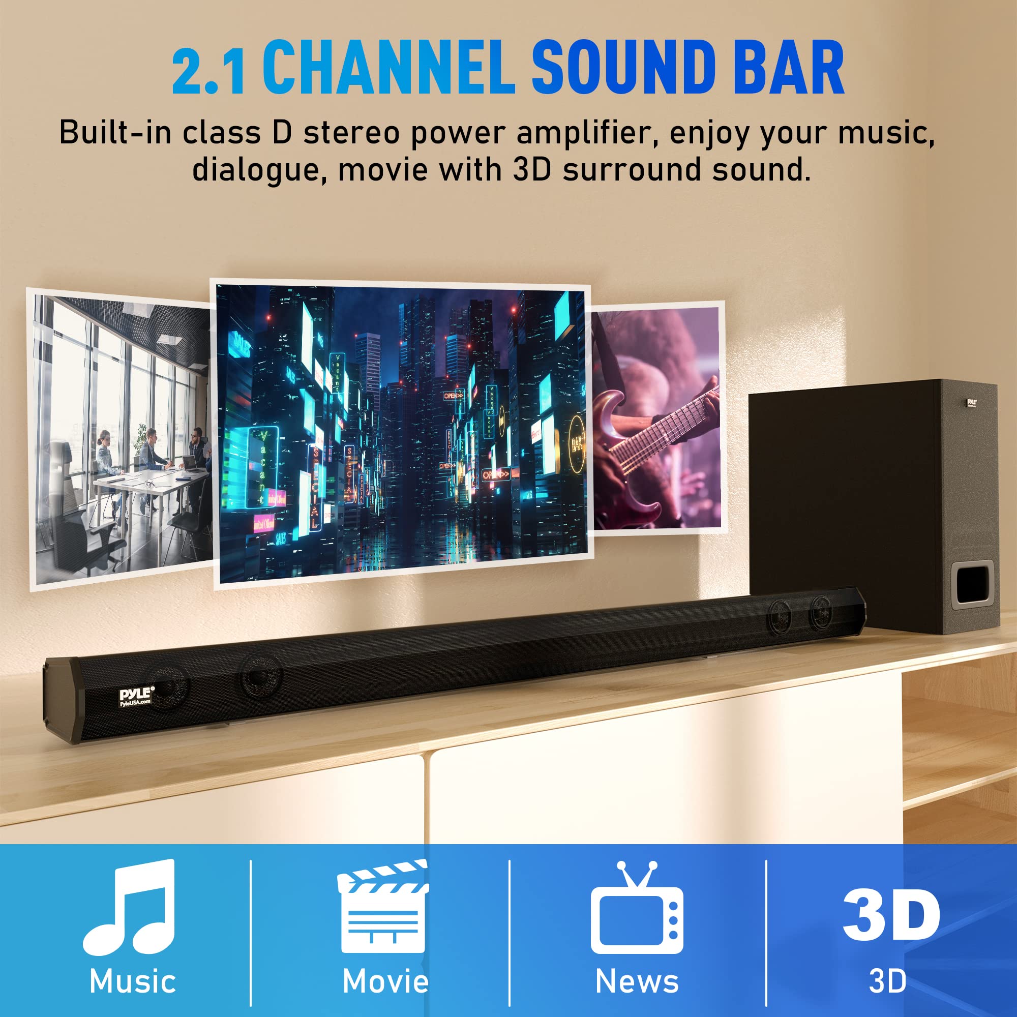 PyleUsa 2.1 Channel TV Soundbar Speaker - Wireless Bluetooth 500W 35'' Sound bar Home Theater Stereo System w/Subwoofer, HDMI-ARC, Optical, USB, AUX, Remote Control - PSBV28HB