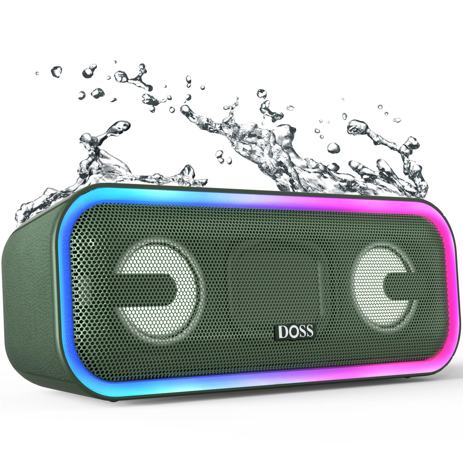 DOSS Bluetooth Speaker, SoundBox Pro+ Wireless Bluetooth Speaker with 24W Impressive Sound, Booming Bass, IPX6 Waterproof, 15Hrs Playtime, Wireless Stereo Pairing, Mixed Colors Lights, 66 FT- Green