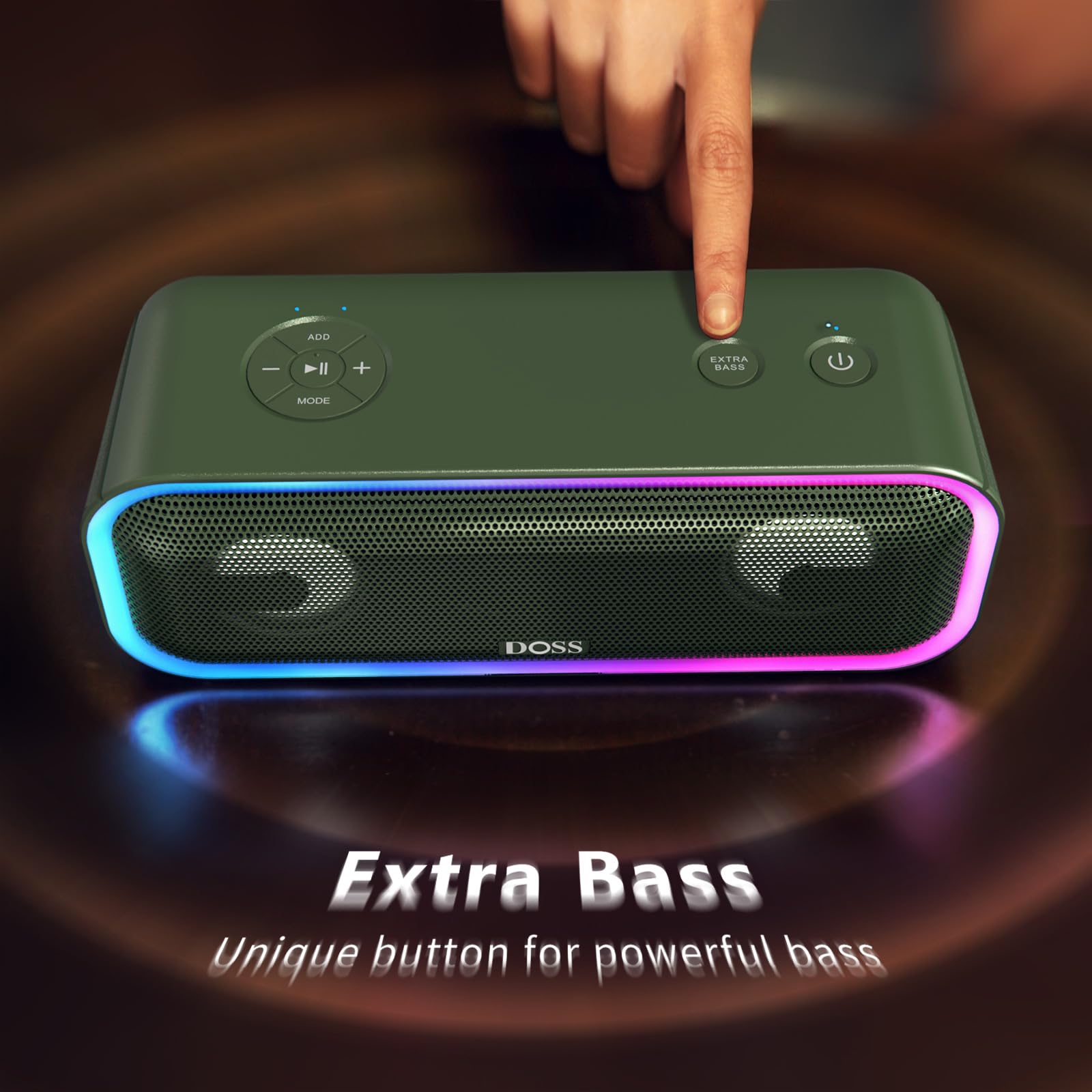 DOSS Bluetooth Speaker, SoundBox Pro+ Wireless Bluetooth Speaker with 24W Impressive Sound, Booming Bass, IPX6 Waterproof, 15Hrs Playtime, Wireless Stereo Pairing, Mixed Colors Lights, 66 FT- Green