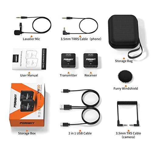 PERWHY Lapel Microphone Wireless Lavalier System for DSLR, Camcorders, GoPro, Computers - 2.4GHz Frequency, Noise Reduction, Long Transmission Range, Easy to Use