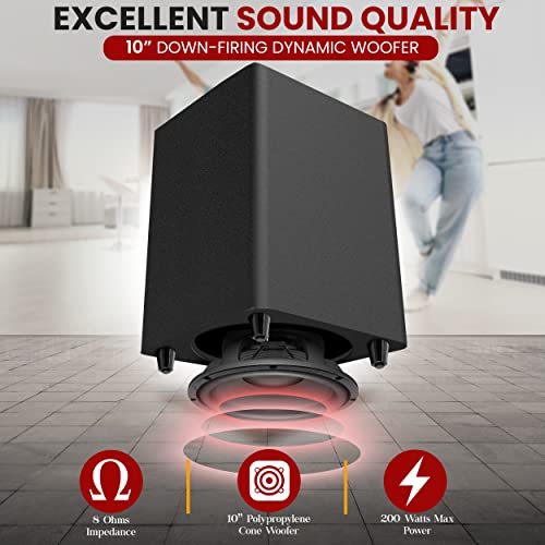 PyleUsa Active Down Firing Subwoofer - 10 Inches, Ported Design with High-to-Low Input Level Controller, Invisible Down-Firing Speaker, Color Black, Built-in Convenience - PSUB10A