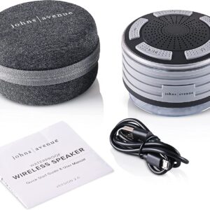 Johns Avenue Bluetooth Shower Speaker with Zippered Travel Case Newest Version 5.0 - Certified Waterproof - Wirelessly Pairs Easily to All Your Bluetooth Devices - with GRAY TRAVEL CASE