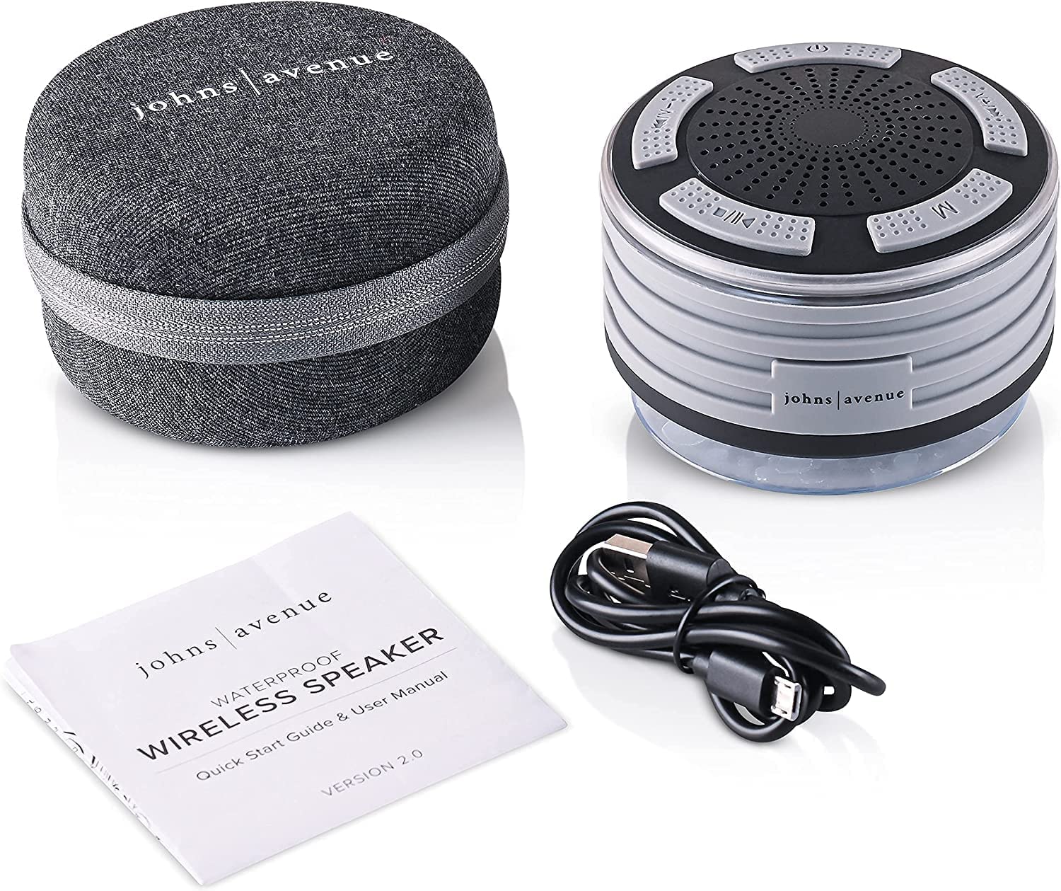 Johns Avenue Bluetooth Shower Speaker with Zippered Travel Case Newest Version 5.0 - Certified Waterproof - Wirelessly Pairs Easily to All Your Bluetooth Devices - with GRAY TRAVEL CASE