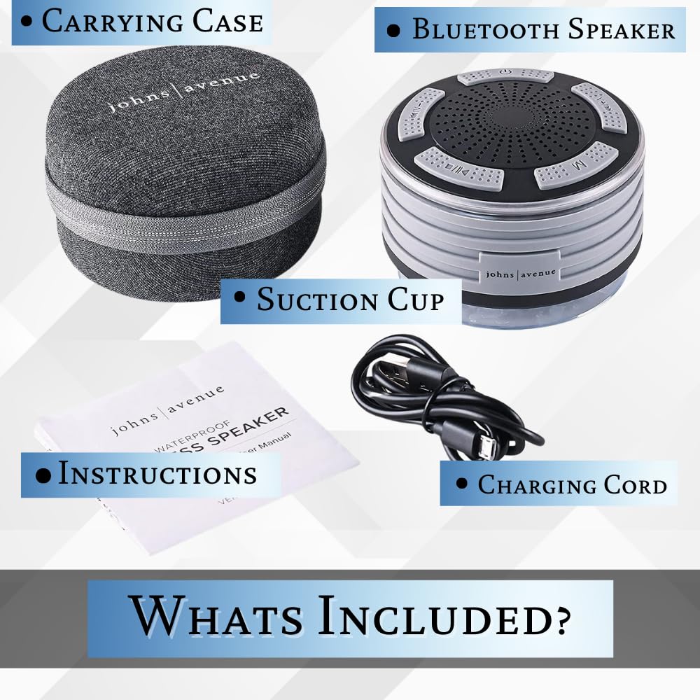 Johns Avenue Bluetooth Shower Speaker with Zippered Travel Case Newest Version 5.0 - Certified Waterproof - Wirelessly Pairs Easily to All Your Bluetooth Devices - with GRAY TRAVEL CASE