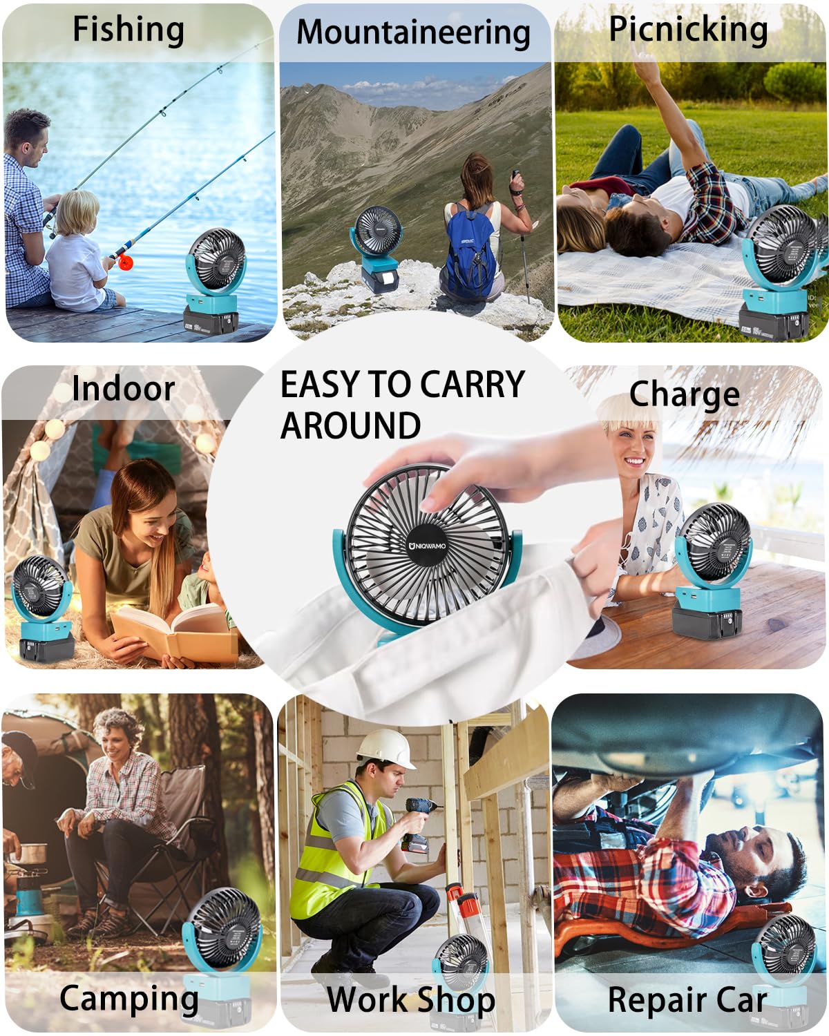 Uniqwamo Portable Rechargeable Fan for Makita 18V BL1860 BL1850 Lithium-Ion Battery, Jobsite Battery Operated Fan with 3 Speeds Control，USB +Type C