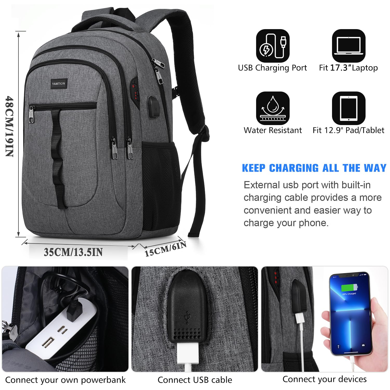 YAMTION 17 inch Backpack Bookbag for Men and Women Laptop Backpack with USB for College Students Work Business