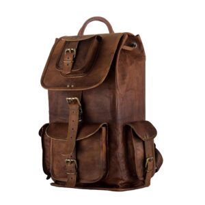 plw 24" inch leather backpack for men | handmade vintage brown leather laptop backpack | adjustable leather rucksack knapsack camping travel bag for women