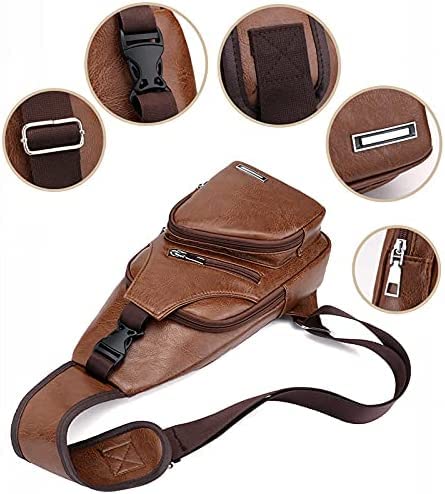 Men's Leather Sling Bag Multipurpose Daypack Shoulder Chest Crossbody Bag Black with USB Charging Port (Brown)