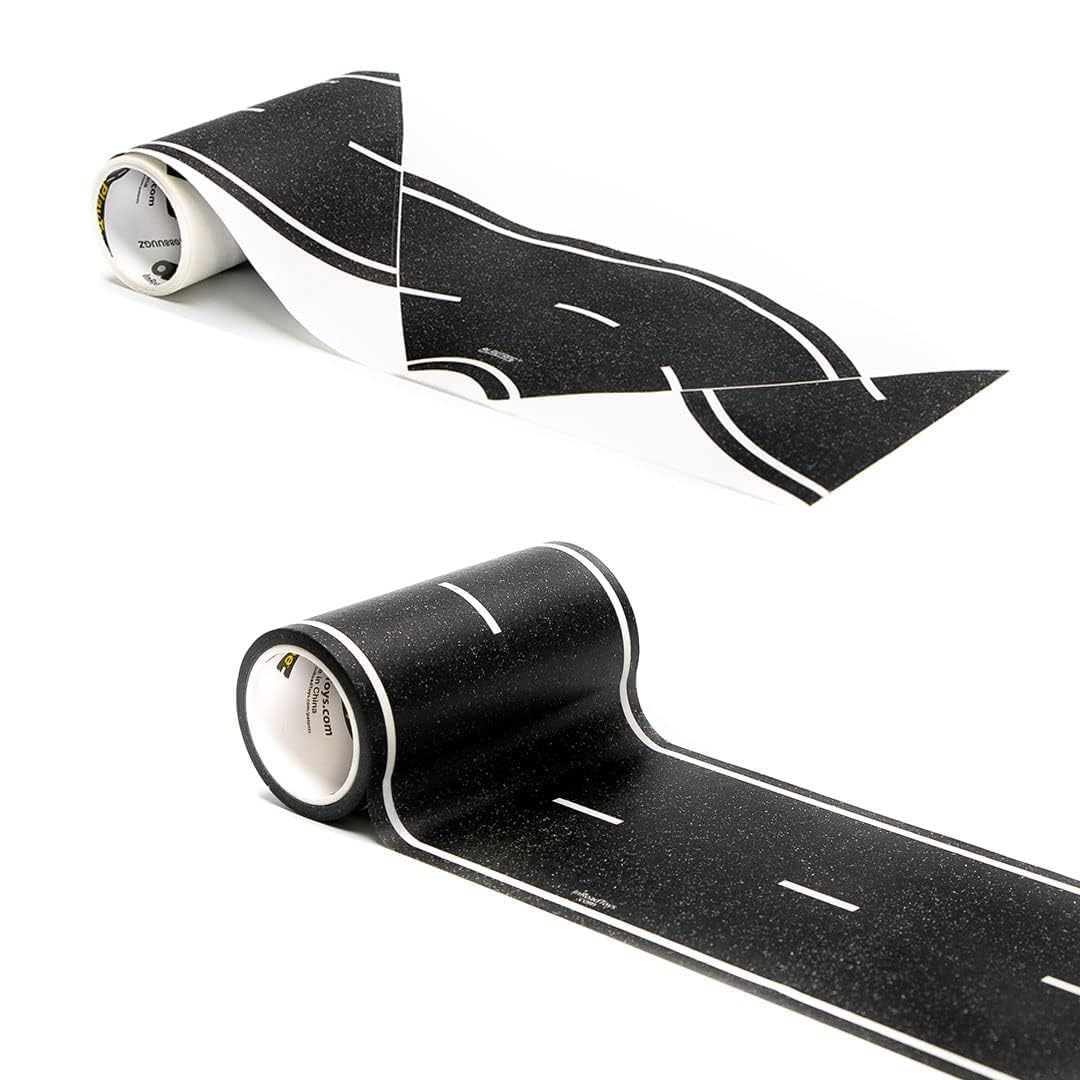 PlayTape Road Tape and Curves for Toy Cars - 1 Roll of 30 ft. x 4 in. Black Road + 1 Roll of 12 Curves