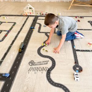 PlayTape Road Tape and Curves for Toy Cars - 1 Roll of 30 ft. x 4 in. Black Road + 1 Roll of 12 Curves