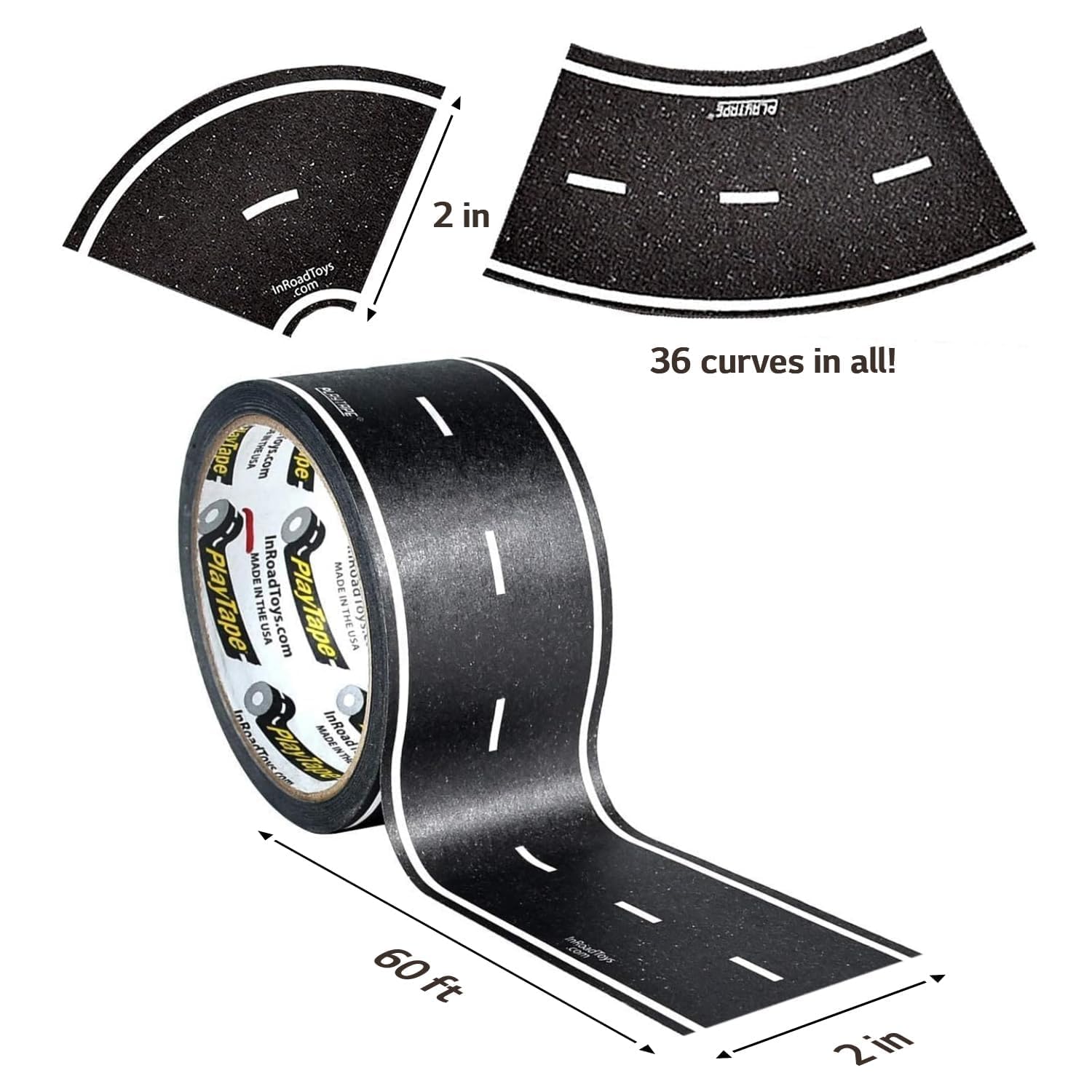 PlayTape Road Tape and Curves for Toy Cars - 1 Roll of 30 ft. x 4 in. Black Road + 1 Roll of 12 Curves