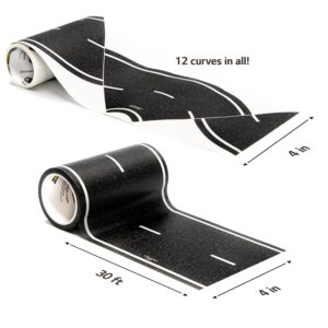 PlayTape Road Tape and Curves for Toy Cars - 1 Roll of 30 ft. x 4 in. Black Road + 1 Roll of 12 Curves