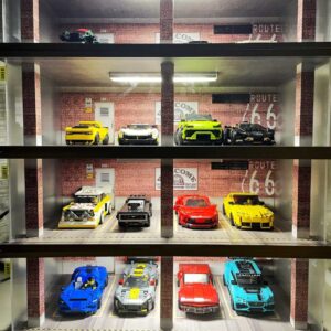 Otypus 1/24 Scale Model Car Display Case with Light, 1 24 Diecast Cars Storage Cases in Parking Lot Scene, Acrylic Toy Garage for Alloy Car Models (Red Brick-8 Parking Place)