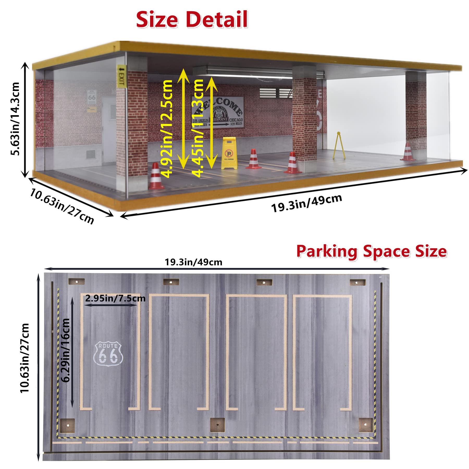 Otypus 1/24 Scale Model Car Display Case with Light, 1 24 Diecast Cars Storage Cases in Parking Lot Scene, Acrylic Toy Garage for Alloy Car Models (Red Brick-8 Parking Place)