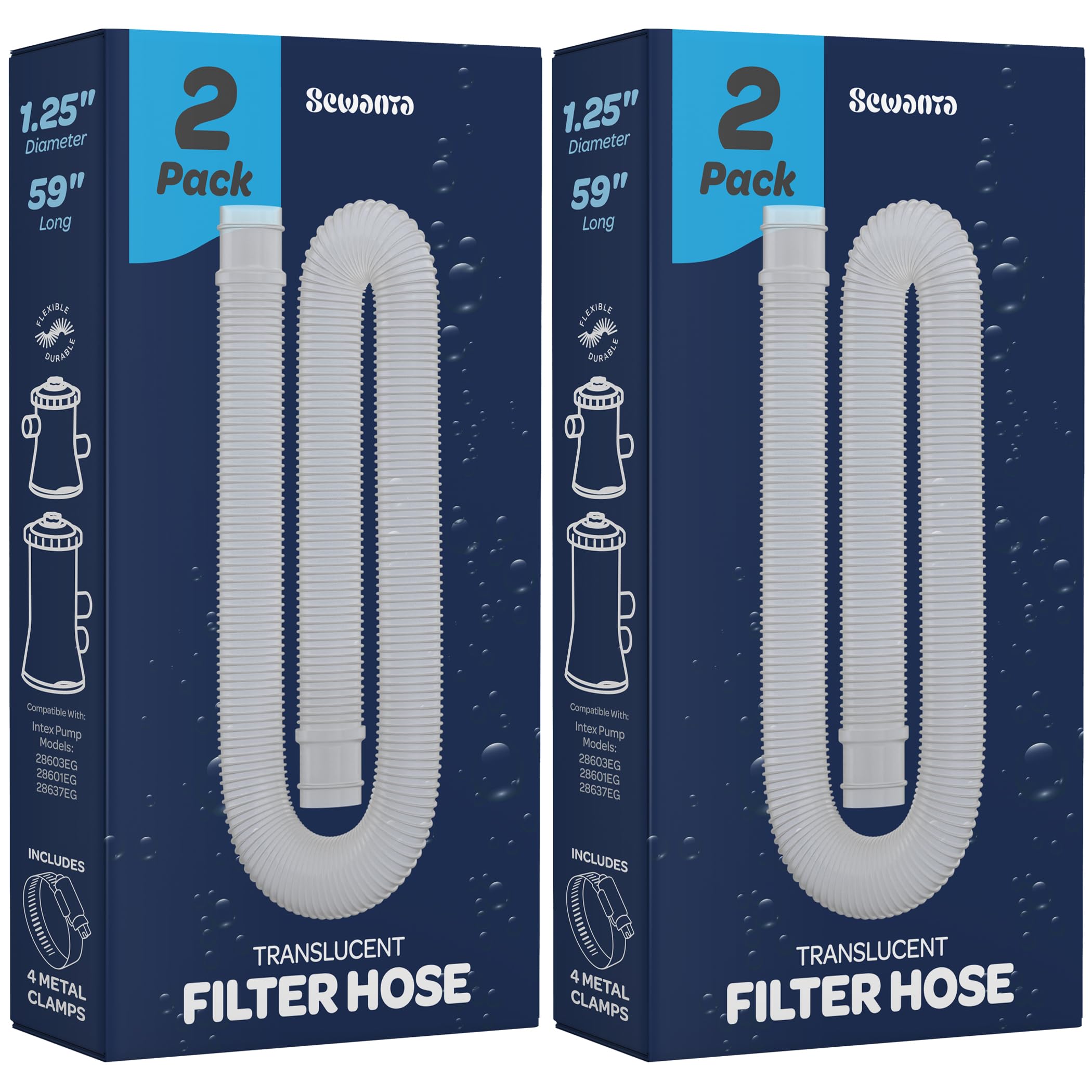 Replacement Hose For Above Ground Pools [Set of 4] 1.25" Diameter, 59" Long Accessory Pool Pump Replacement Hose - Filter Pump Hose Compatible with Intex Pump Models #607/#637. Includes 4 Metal Clamps