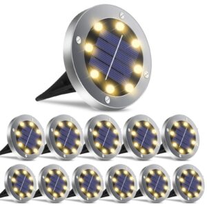 solar outdoor lights 12 packs, waterproof solar pathway lights bright in-ground lights lighting decor for garden, lawn, patio , yard, driveway, step and walkway warm light