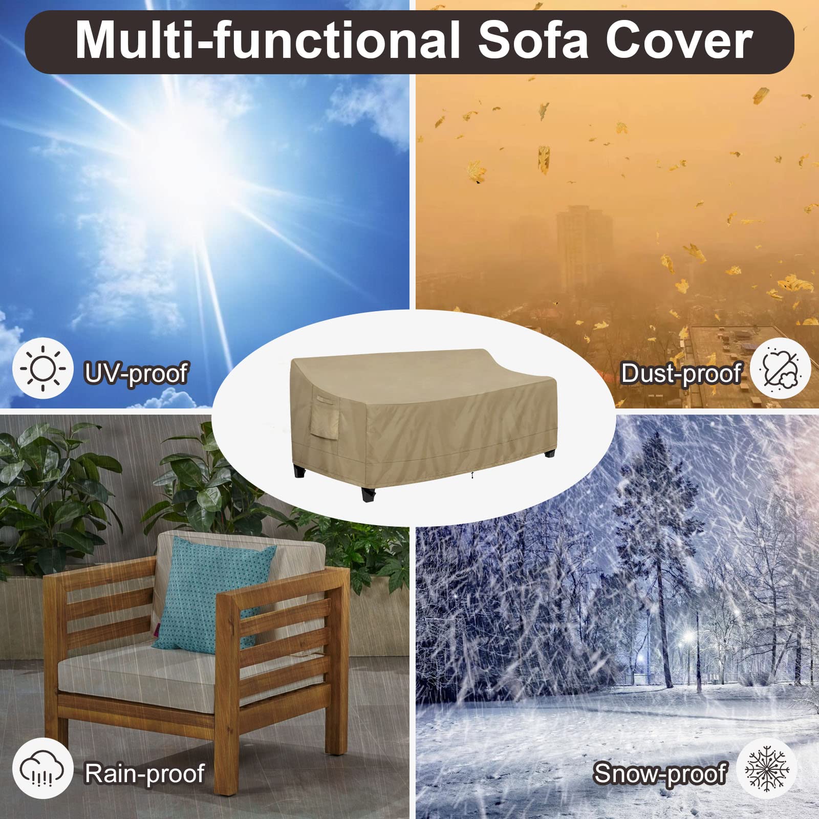 PureFit Outdoor Couch Cover Waterproof Patio Sofa Furniture Covers, 3-Seater Outdoor Cover with Air Vent and Handles, 78W x 35D x 35H Inches, Camel