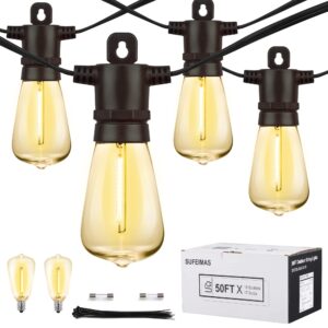 sufeimas led outdoor string lights waterproof - new mode 50ft patio lights 15+2 vintage shatterproof plastic bulbs,ip65 edison string lights for outside backyard balcony bistro cafe garden