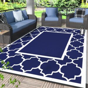 genimo 5' x 8' outdoor rug waterproof for patio decor, foldable reversible plastic straw area rugs mat for camper, outside carpet for rv, deck, porch, picnic, beach, balcony, blue & white