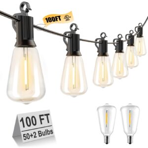 brightown outdoor string lights led 100ft patio lights with 52 shatterproof st38 dimmable vintage edison bulbs, waterproof outside hanging lights for backyard deck garden party xmas decor, 2700k