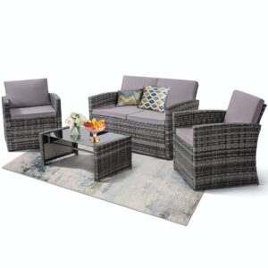 krofem 4 pieces patio conversation set, outside rattan sectional sofa, cushioned furniture set, wicker sofa ideal for garden, porch, backyard, grey color rattan and light grey cushion