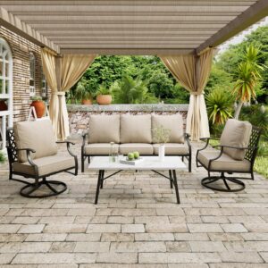 mixpatio patio furniture set 4 pcs, metal outdoor patio furniture, 3-seat sofa, 2 swivel chairs, metal coffee table and 5.75" extra thick cushion, patio conversation set,beige