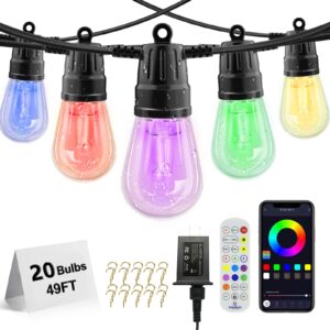 ysj outdoor string lights for outside,49ft rgb patio lights outdoor waterproof with app & remote,diy each bulb color changing string light with 20 shatterproof bulbs dimmable for balcony,cafe,backyard