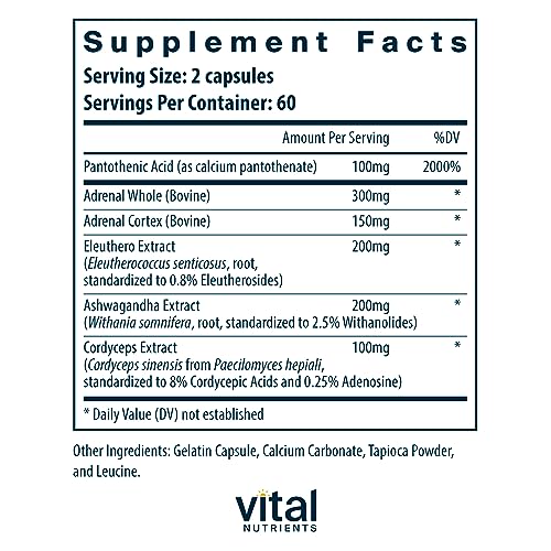 Vital Nutrients Adrenal Support | Adrenal Support Supplements for Gland Function and Cortisol Management | Supports Energy and Stress Levels | Gluten, Dairy, Soy Free | 120 Capsules