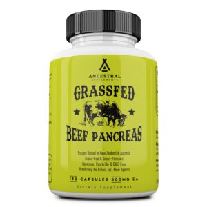 ancestral supplements grass fed beef pancreas supplement, 500mg, pancreatic support with proteolytic digestive enzymes for digestion support, including trypsin, non gmo, 180 capsules