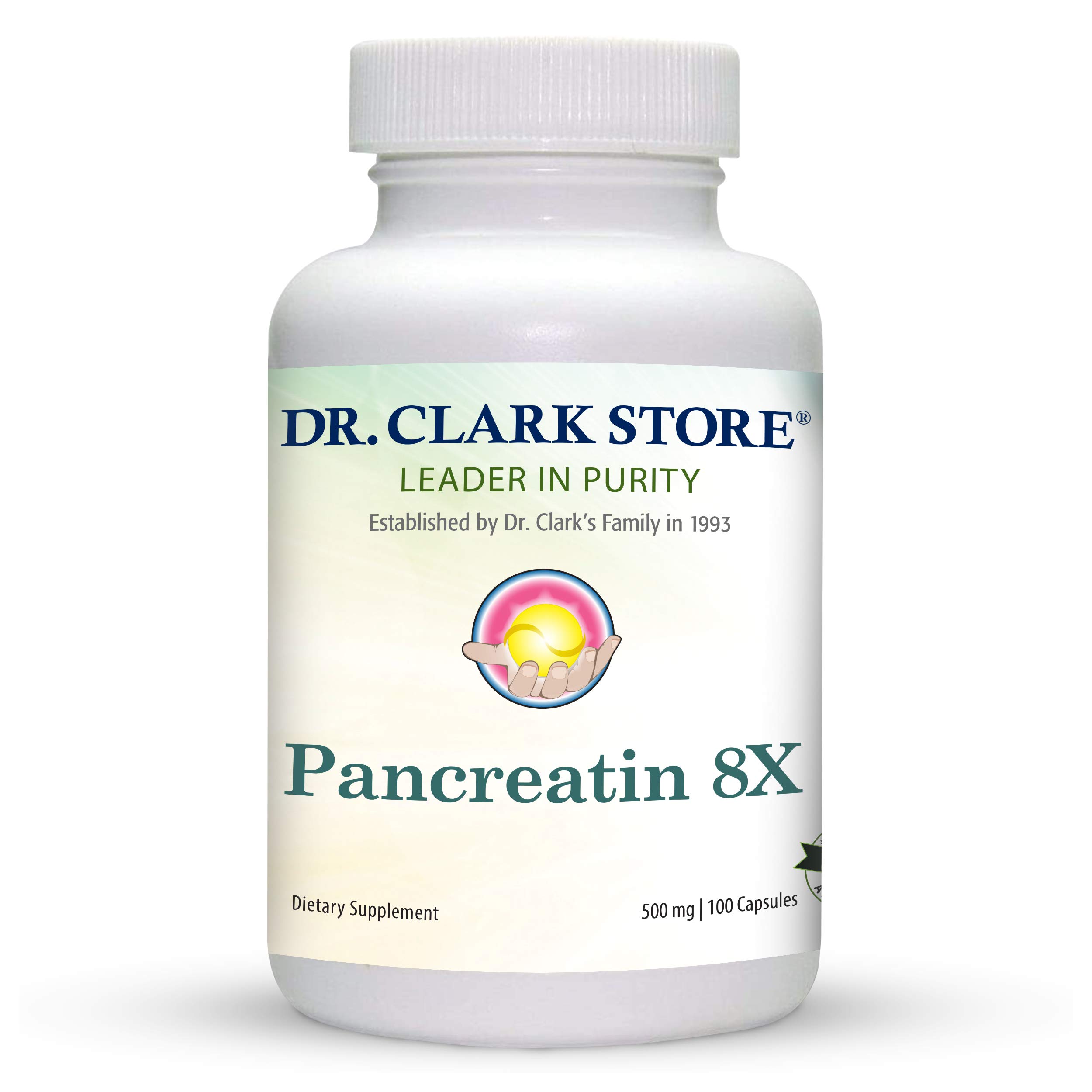 Dr. Clark Pancreatin 8X Enzyme Supplement 500mg | Several Digestive Aids Formulas Promotes Proteins, Fat | Carbohydrates Healthy Supports Optimal Digestion - 100 Gelatin Capsules