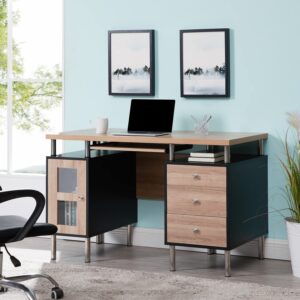 elsy 3-drawer file cabinet two-tone desk with keyboard tray, power outlets, usb ports charging station, metal legs - 47.2" wooden computer writing desk gaming sturdy home office desk - black, natural